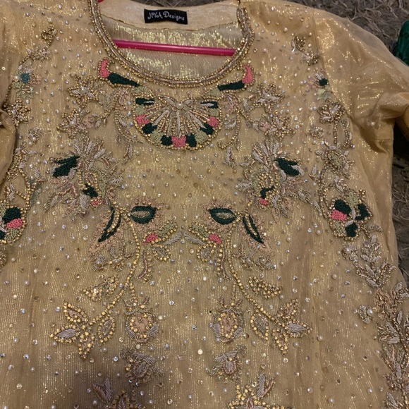 Dresses | Gold Embroidered Net Outfit With Green Pants And Net Dupatta ...